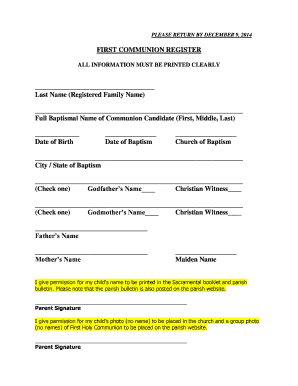 Fillable Online FIRST COMMUNION REGISTER Fax Email Print - pdfFiller