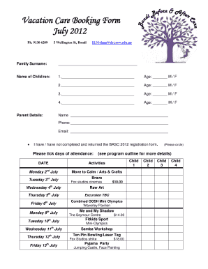 Fillable Online Vacation Care Booking Form July 2012 Fax Email Print ...