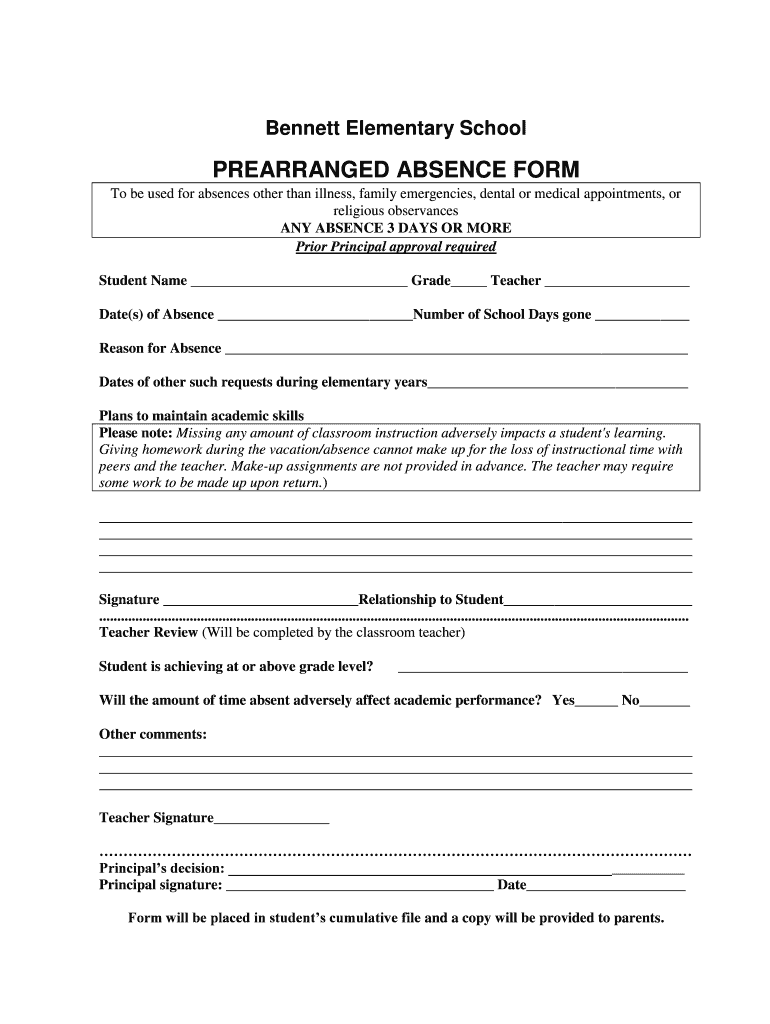 Fillable Online schoolbennett PREARRANGED ABSENCE FORM ...