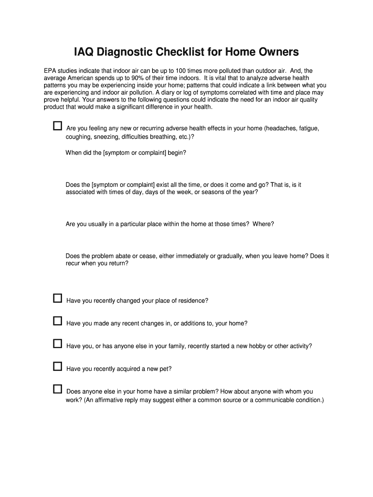 Fillable Online IAQ Diagnostic Checklist for Home Owners - CGF Products ...