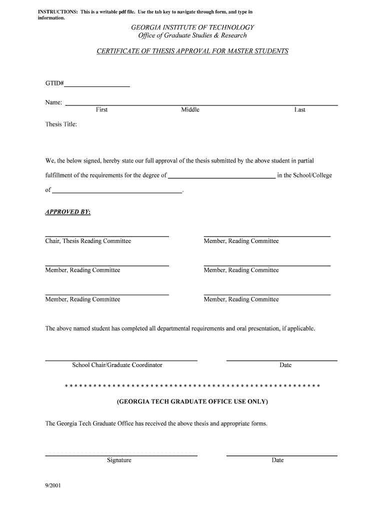 Fillable Online grad gatech Certificate of Thesis Approval - Graduate Studies at Georgia Tech ...