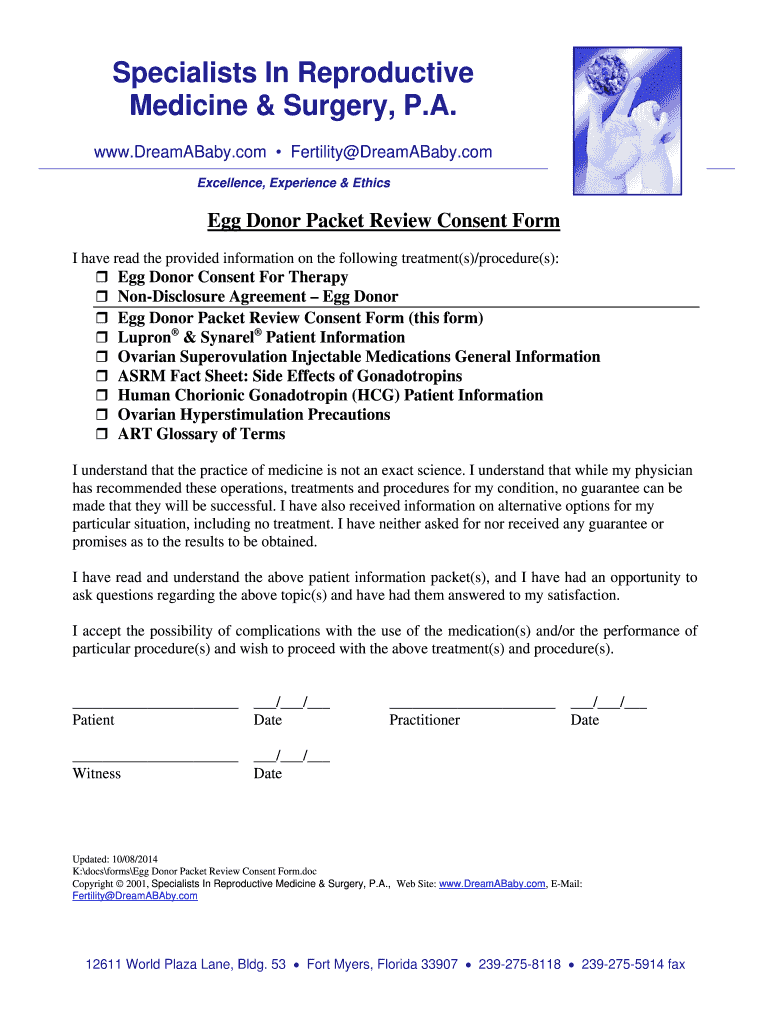 Fillable Online Egg Donor Packet Review Consent Form - Specialists in ...