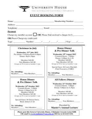 Fillable Online EVENT BOOKING FORM Name: Membership Number: Address ...