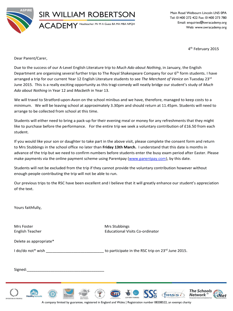 Fillable Online swracademy Dear ParentCarer - Sir William Robertson ...