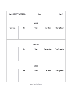 Fillable Online CAMPOUT DUTY ROSTER FOR date patrol DINNER Camp Setup ...