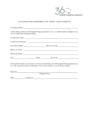 Fillable Online AUTHORIZATION AGREEMENT FOR CREDIT CARD PAYMENTS ...