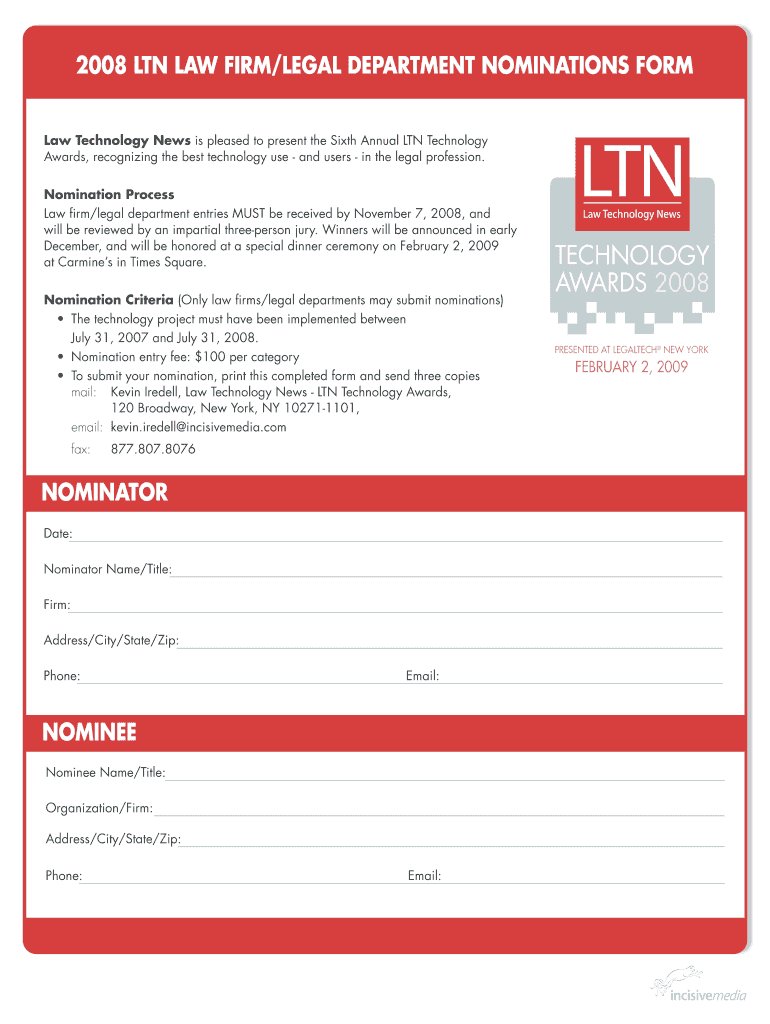 Fillable Online 2008 LTN LAW FIRMLEGAL DEPARTMENT NOMINATIONS FORM Fax ...