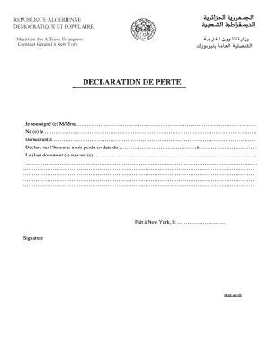 Remplissable En Ligne E PERTE DECLARATION D - Consulate General of Algeria in New ... Fax Email ...