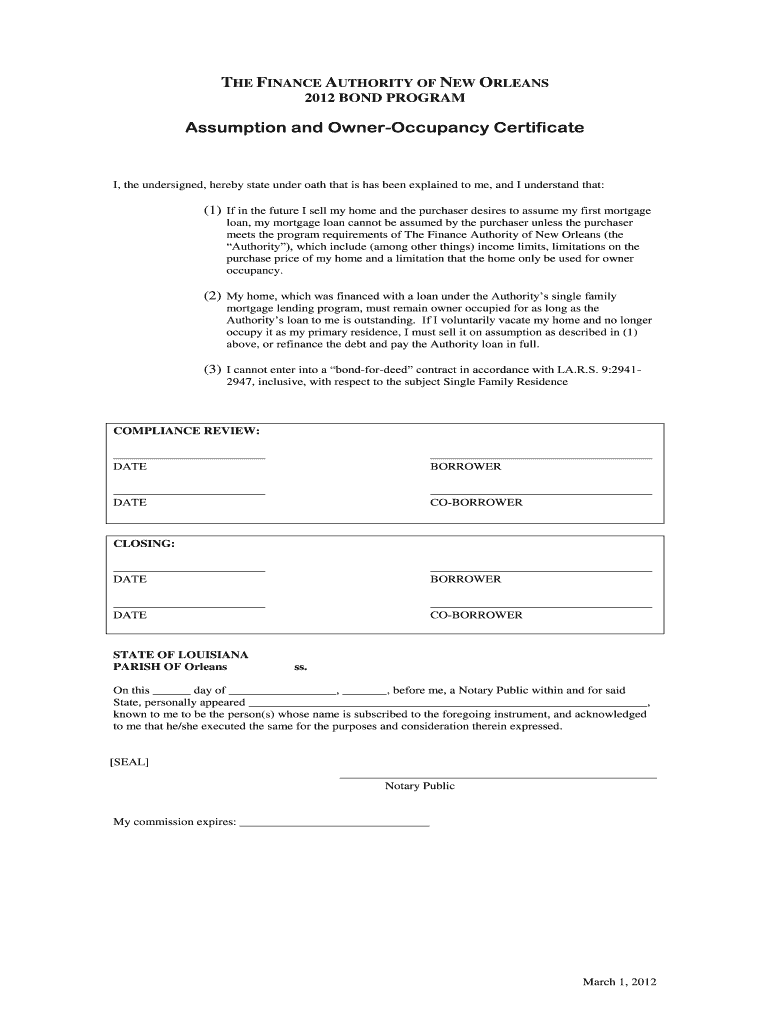 Fillable Online Assumption and Owner-Occupancy Certificate ...