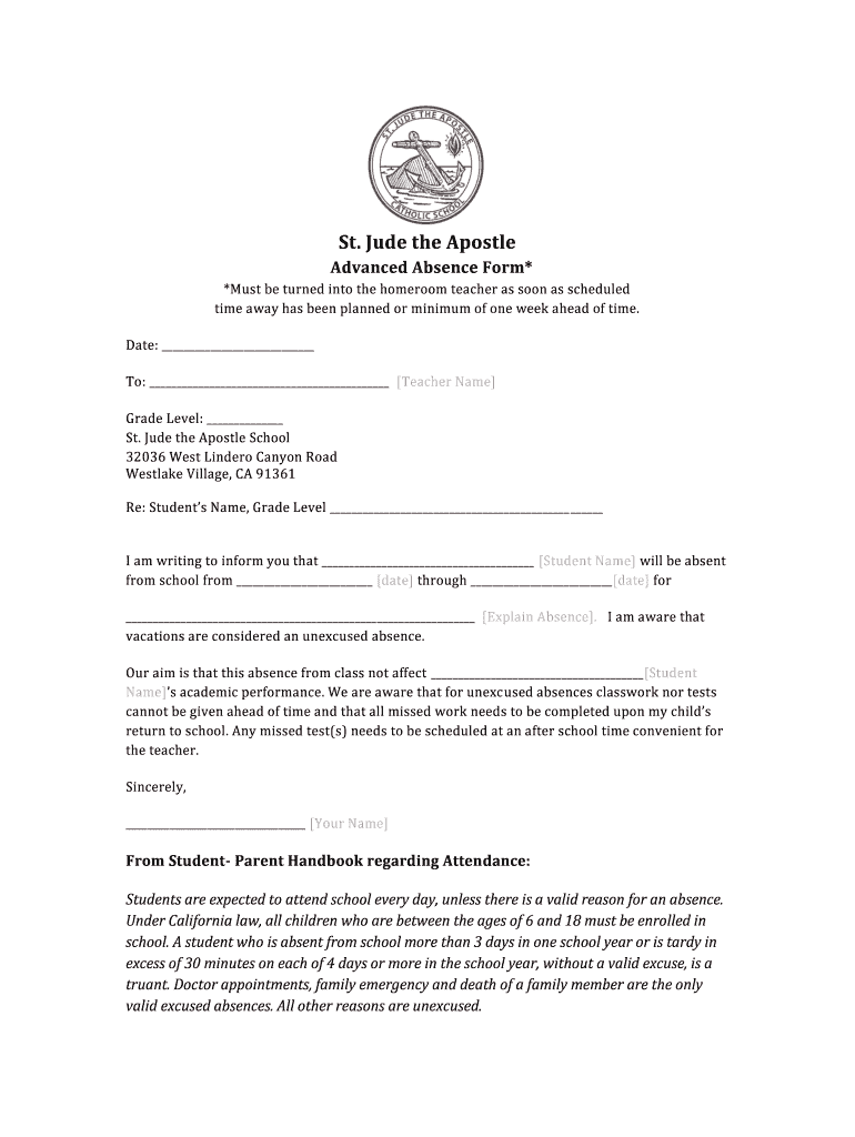 Fillable Online stjudeschool Planned Absence Form - St. Jude The ...