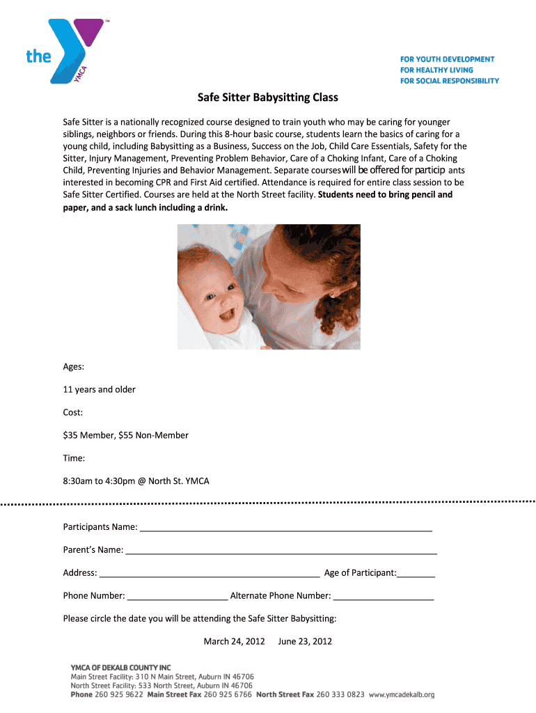 Fillable Online ymcadekalb Safe Sitter Babysitting Class - YMCA of ...