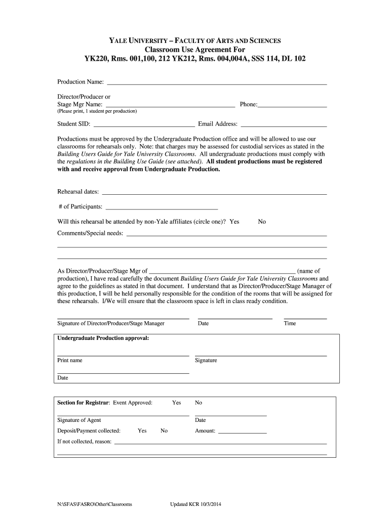 Fillable Online up yalecollege yale Classroom Use Application and ...
