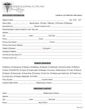 Fillable Online NEW PATIENT INFORMATION PLEASE FILL OUT COMPLETELY AND ...