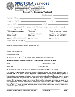 Fillable Online Consent For Emergency Treatment - Spectrum Services Fax ...