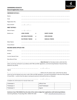 Fillable Online SWIMMING WAIKATO Record Application Form Fax Email Print - pdfFiller