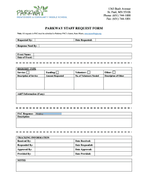 Fillable Online parkway spps BPARKWAYb STAFF REQUEST FORM Fax Email ...