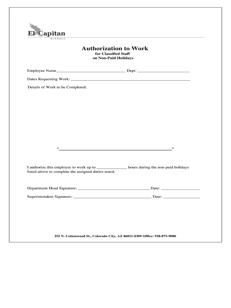 Fillable Online elcap Authorization to Work - belcapbbusb Fax Email ...