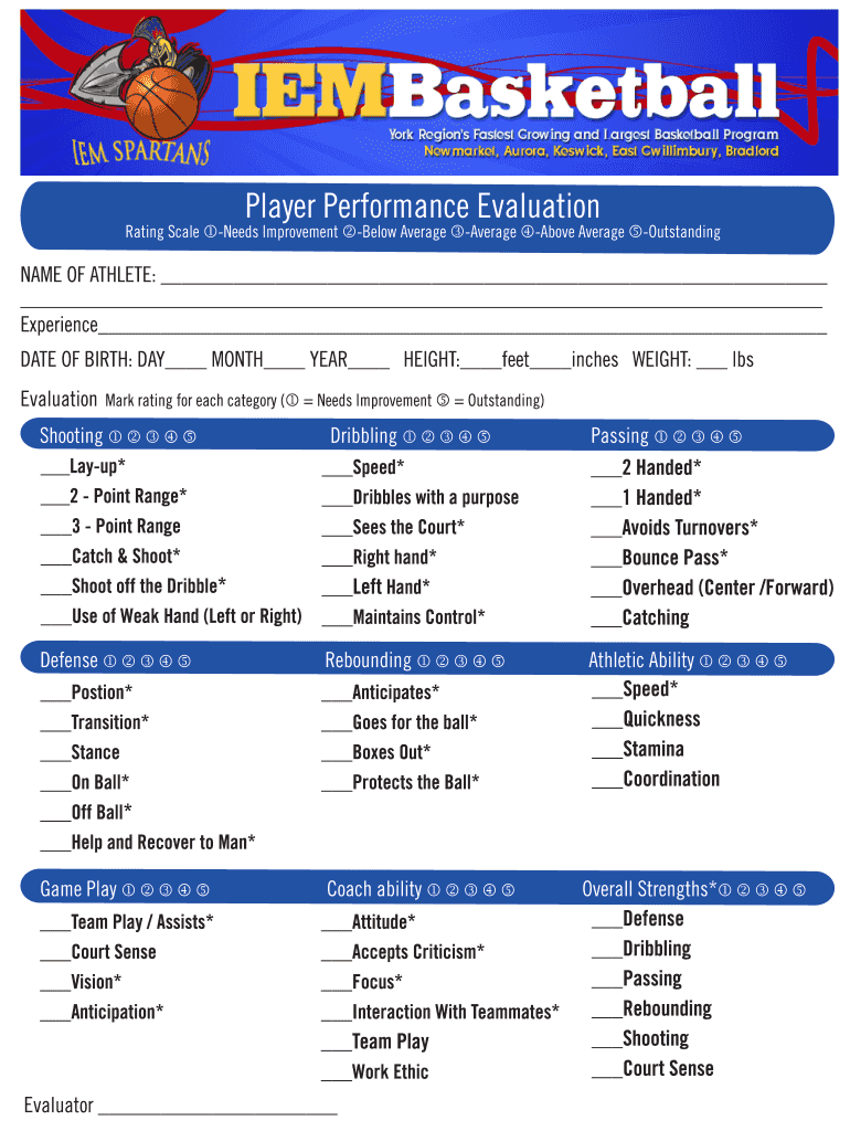 Fillable Online Player Performance Evaluation - IEM BASKETBALL Fax ...