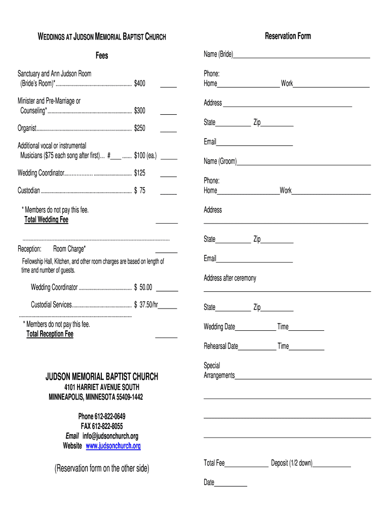 Fillable Online judsonchurch WEDDINGS AT JUDSON MEMORIAL BAPTIST CHURCH ...