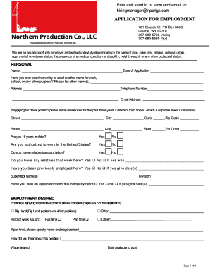 Fillable Online NP Application for Employment 2014 - Northern ...