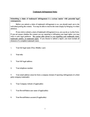 Fillable Online Trademark Infringement Notice Submitting a claim of ...