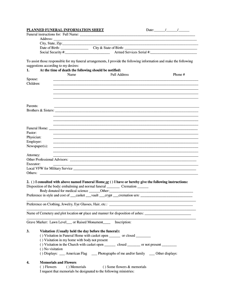 Fillable Online www3 awana PLANNED FUNERAL INFORMATION SHEET Fax Email ...