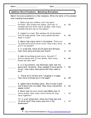 Fillable Online Addition Word Problems - Matching Worksheet - Math ...