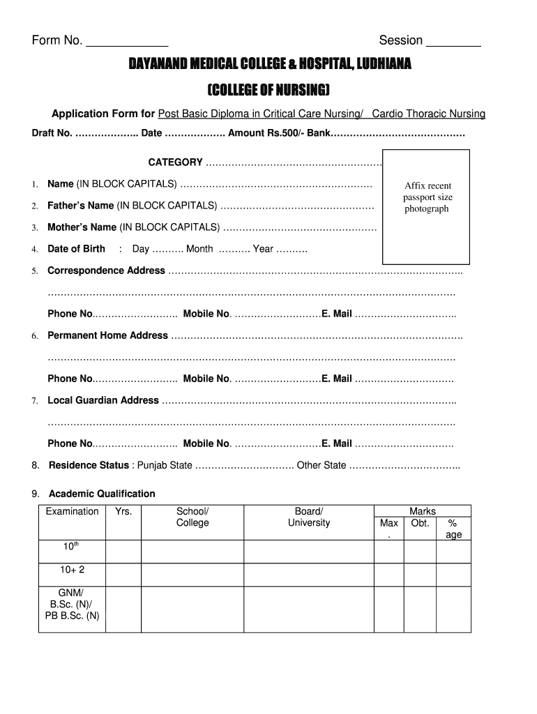 Fillable Online dmch DAYANAND MEDICAL COLLEGE HOSPITAL LUDHIANA COLLEGE ...