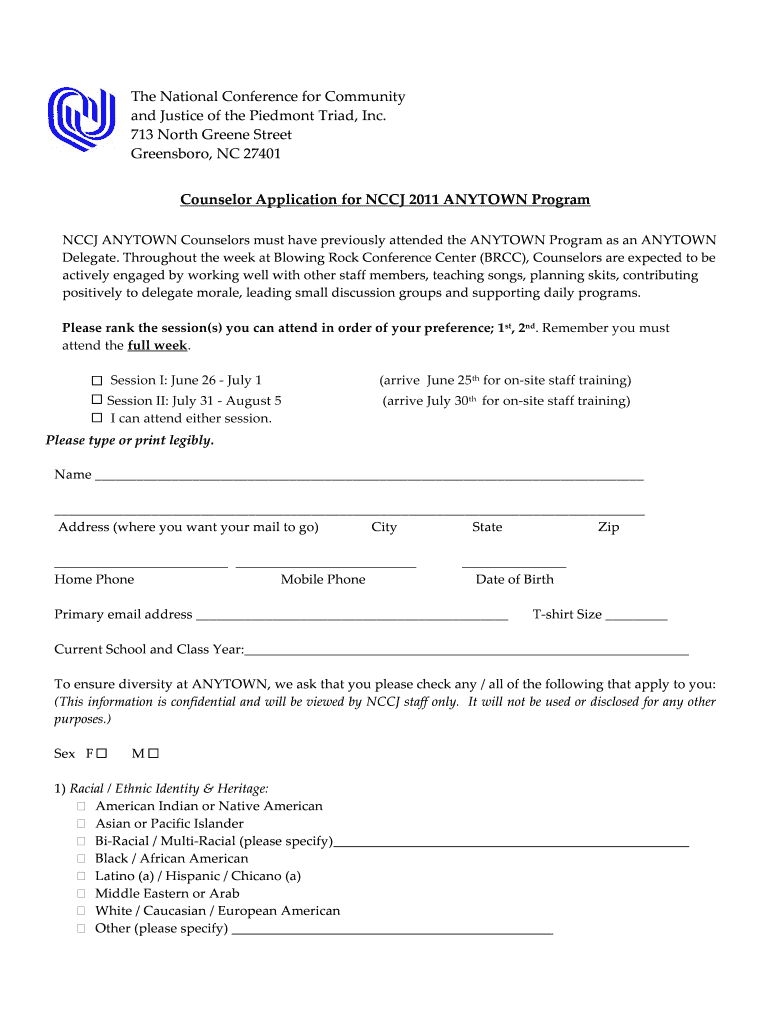 Fillable Online nccjtriad 2011 Counselor Application - nccjtriadorg Fax Email Print - pdfFiller