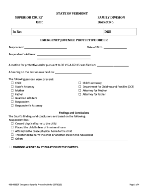 Fillable Online vermontjudiciary BEmergencyb Juvenile bProtective ...