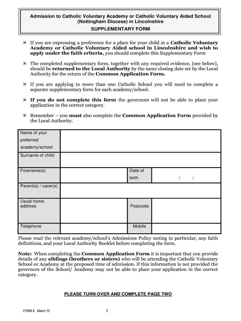 Fillable Online sspp lincs sch Admission to Catholic Voluntary Academy or Catholic Voluntary ...