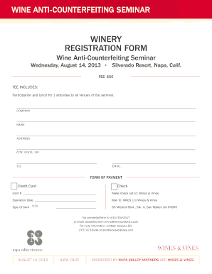 Fillable Online WINERY REgIstRatIoN FoRm - winesandvinescom Fax Email ...
