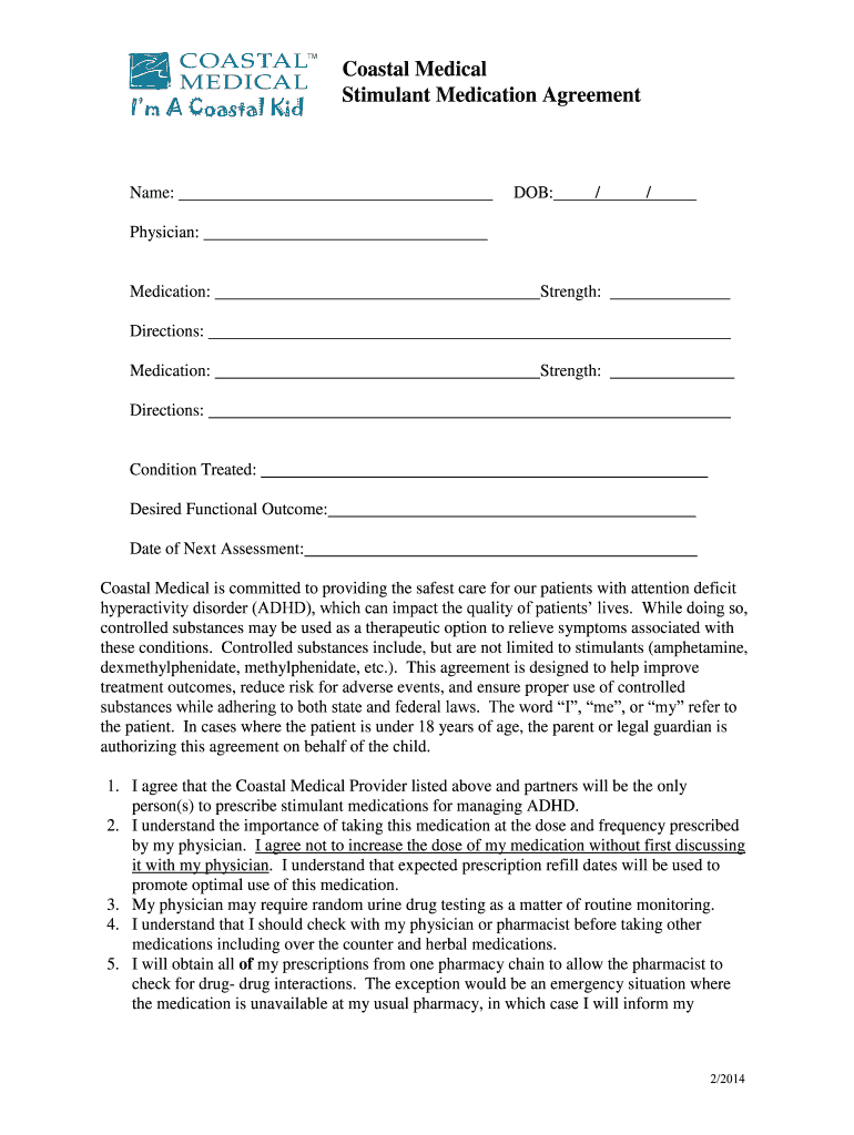 Fillable Online TM Coastal Medical Stimulant Medication Agreement Fax ...