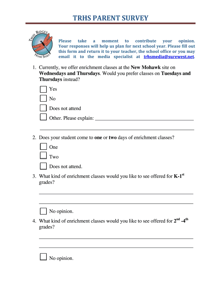 Fillable Online TRHS Parent Survey(PDF) - Twin Ridges Home Study ...