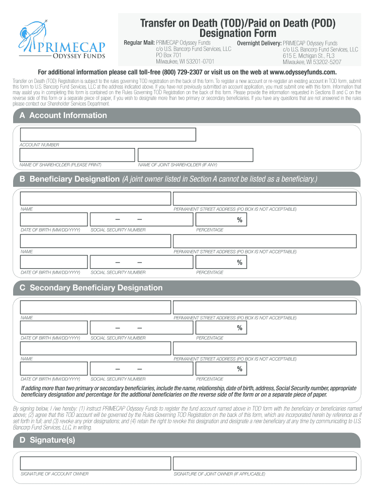 Fillable Online Transfer on Death TODPaid on Death POD Designation Form ...