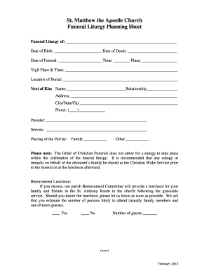Fillable Online Funeral Liturgy Planning Sheet Fax Email Print - pdfFiller