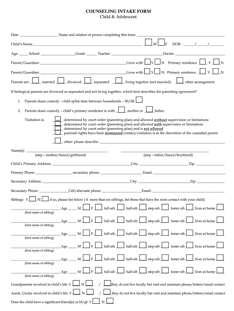 Fillable Online halfordcounseling COUNSELING INTAKE bFORMb Child amp ...