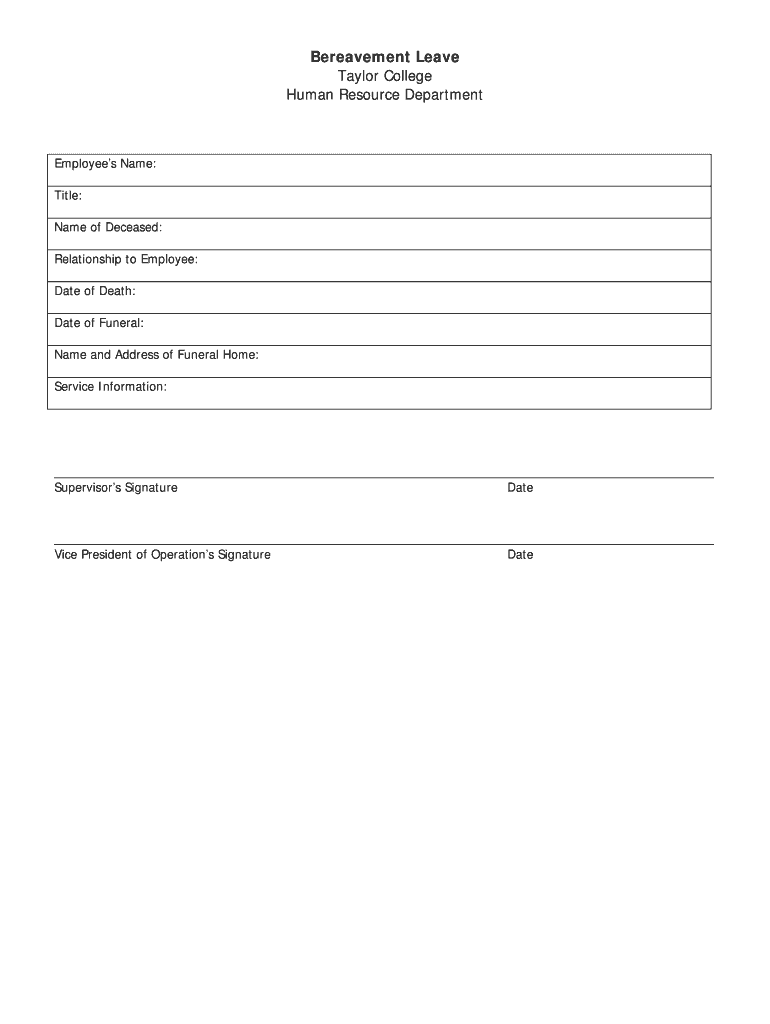 Fillable Online taylorcollege Bereavement Leave Taylor College Human ...