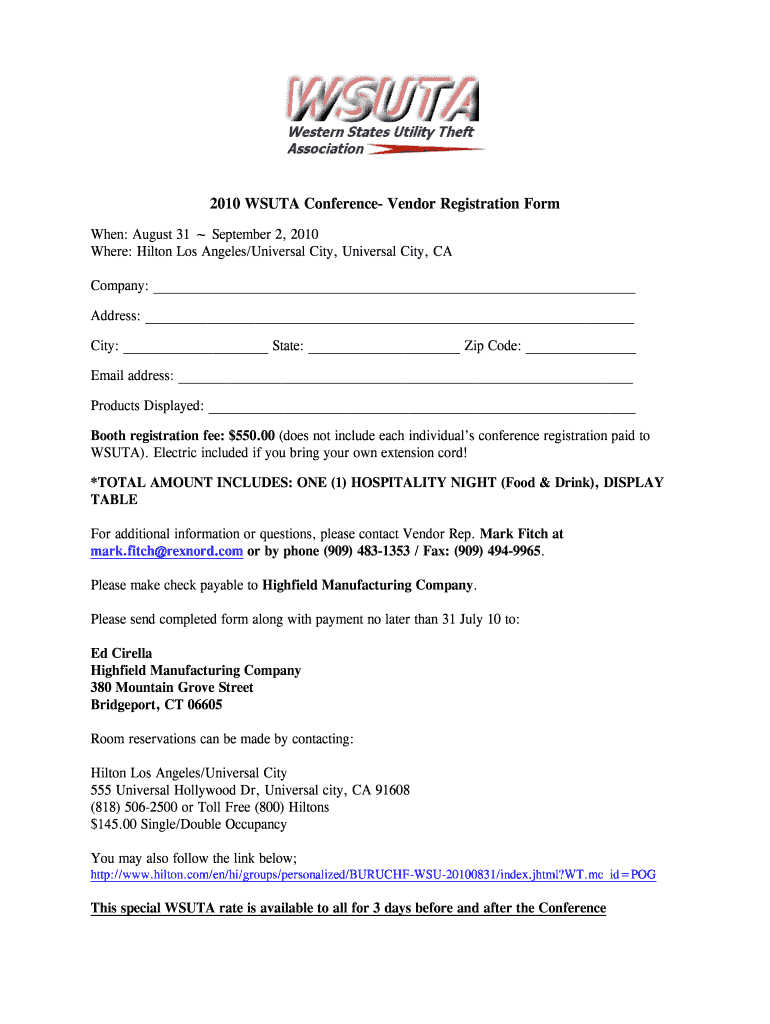 Fillable Online iurpa 2010 WSUTA Conference- Vendor Registration Form ...