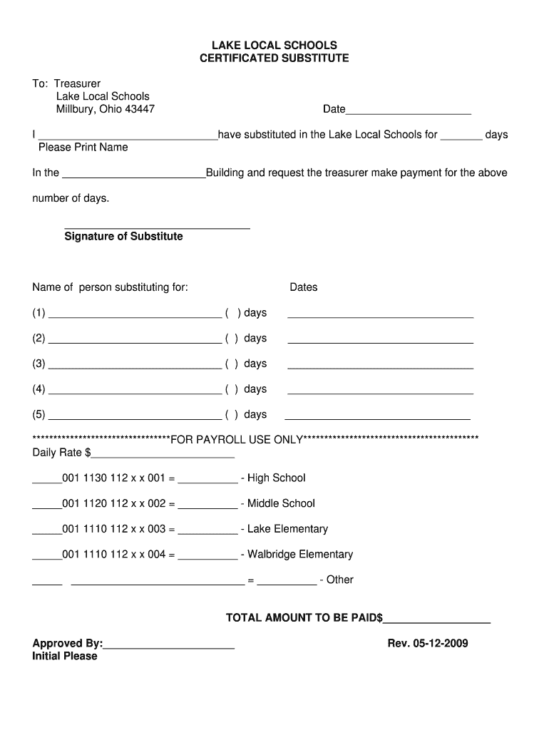 Fillable Online lakelocal k12 oh LAKE LOCAL SCHOOLS CERTIFICATED SUBSTITUTE To: Treasurer Lake ...