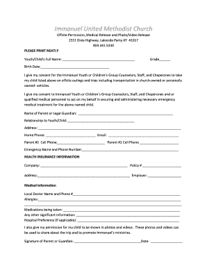 Fillable Online Medical Release Form - Immanuel United Methodist Church ...