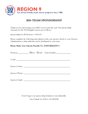 Fillable Online ayso9 Team Sponsorship Form - AYSO Region 9 Fax Email ...