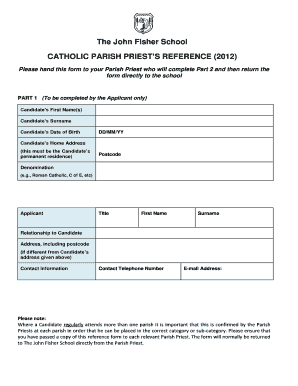 Fillable Online The John Fisher School CATHOLIC PARISH PRIEST S ...