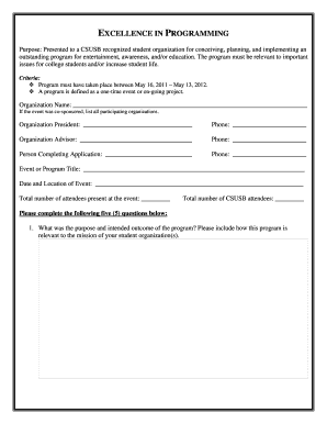 Fillable Online EXCELLENCE IN PROGRAMMING - Office of Student Engagement Fax Email Print - pdfFiller