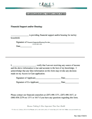 Fillable Online pineshealth Sample Earnings Housing Verification Form ...