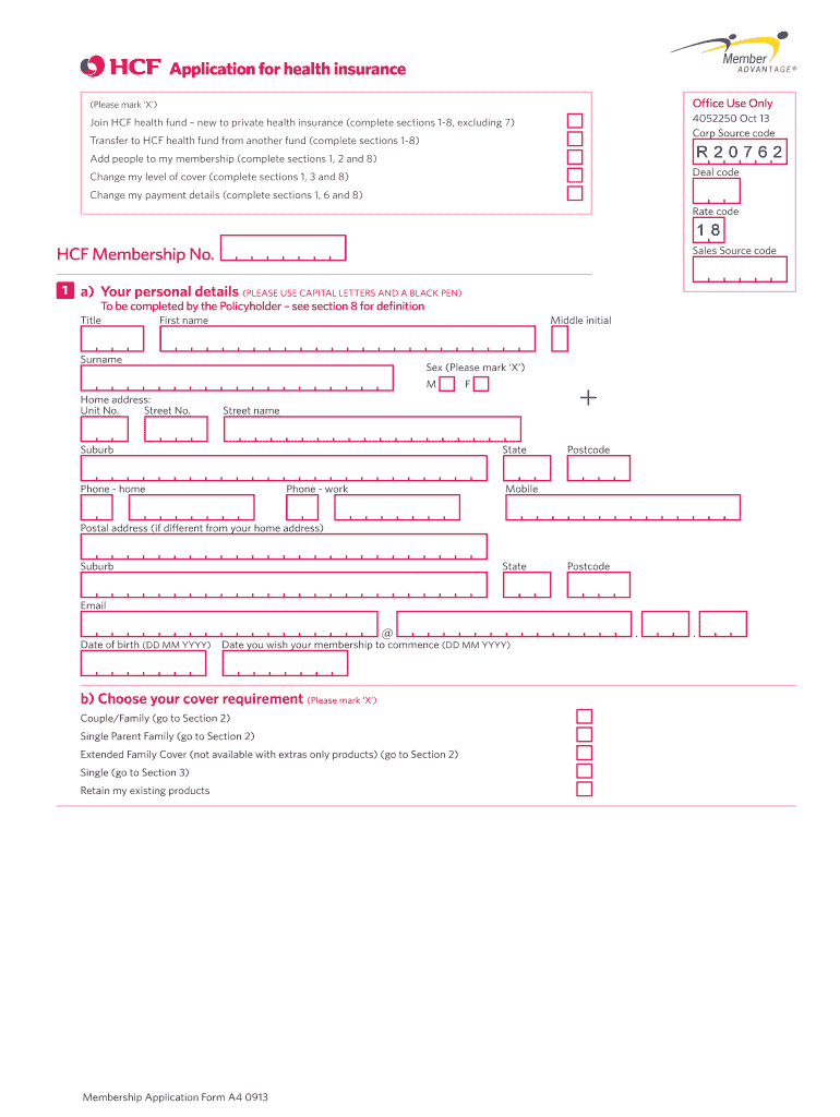 Fillable Online Application for health insurance (Please mark X) Office ...