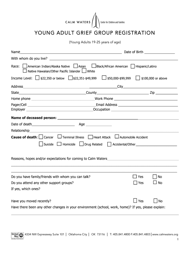 Fillable Online calmwaters YOUNG ADULT GRIEF GROUP REGISTRATION - Calm ...