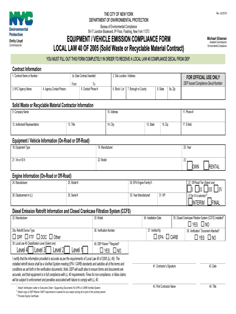 Fillable Online nyc LL 40 of 2005 Emissions Compliance Form - NYC.gov ...