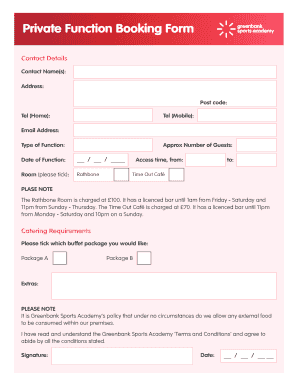 Fillable Online Private Function Booking Form - Greenbank Sports ...
