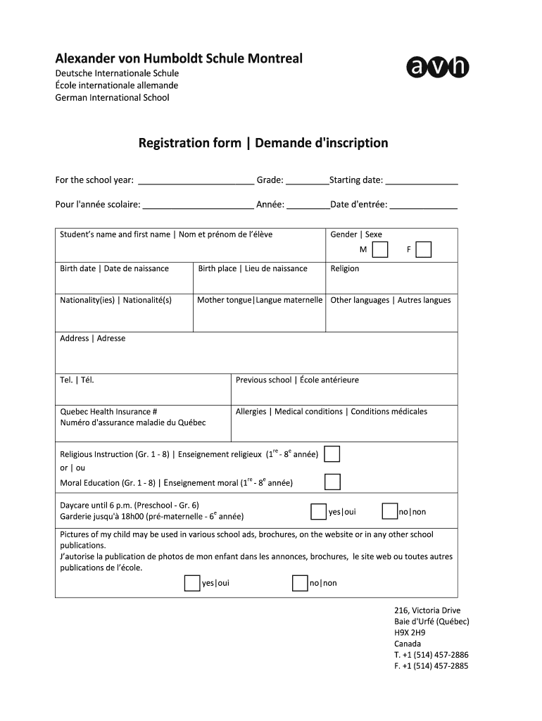 Fillable Online avh montreal qc Alexander von Humboldt Schule Montreal ...